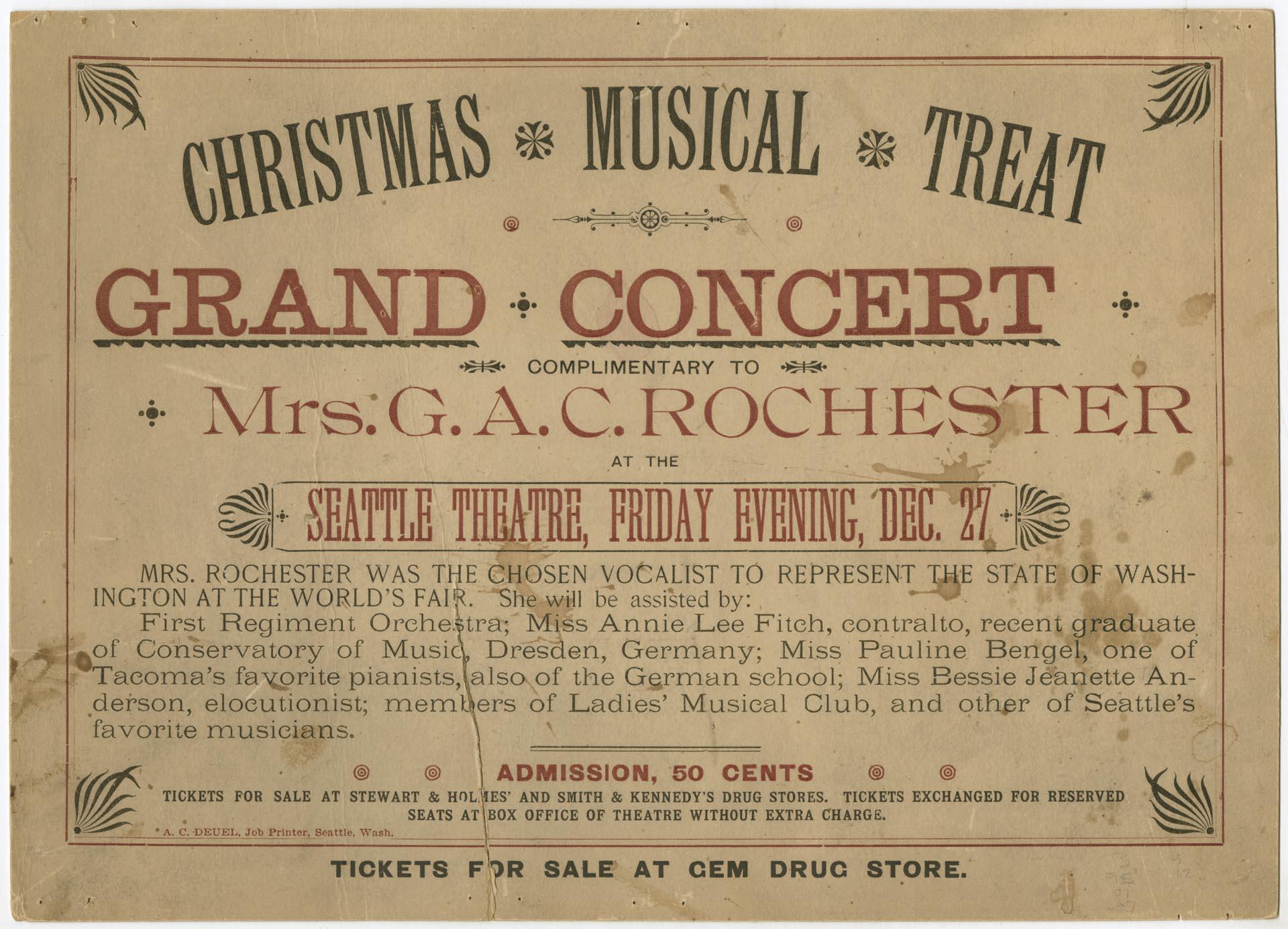 Julia Rochester concert poster, Seattle Theatre, December 27, 1893 ...